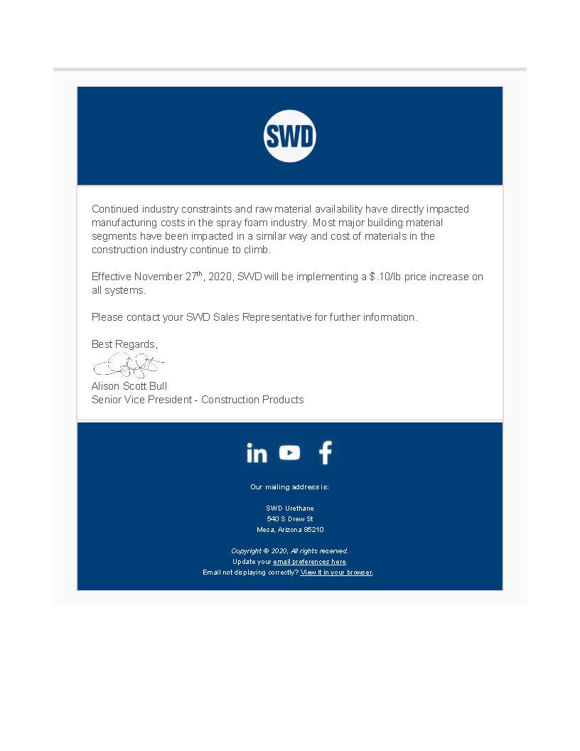 SWD TO IMPLEMENT A 0 10 LB PRICE INCREASE ON ALL SYSTEMS EFFECTIVE swd-to-implement-a-0-10-lb-price-increase-on-all-systems-effective